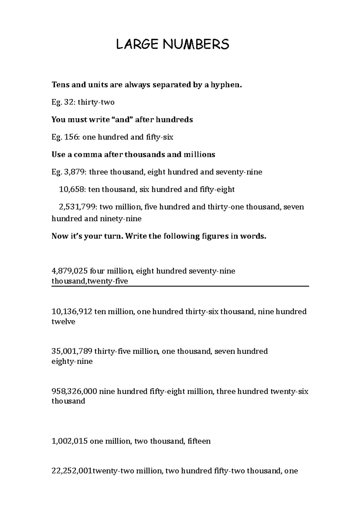 Large Numbers: Writing Figures in Words - 77345 - Studocu