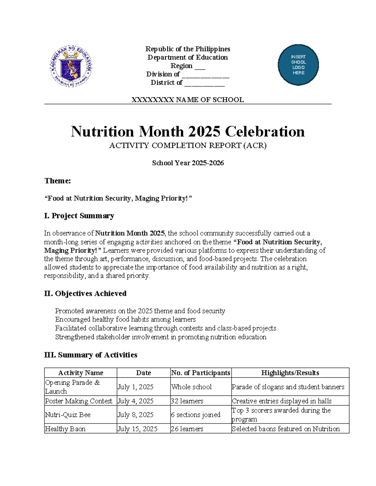 Nutrition Month 2025 Celebration ACR - School Activity Report - Studocu