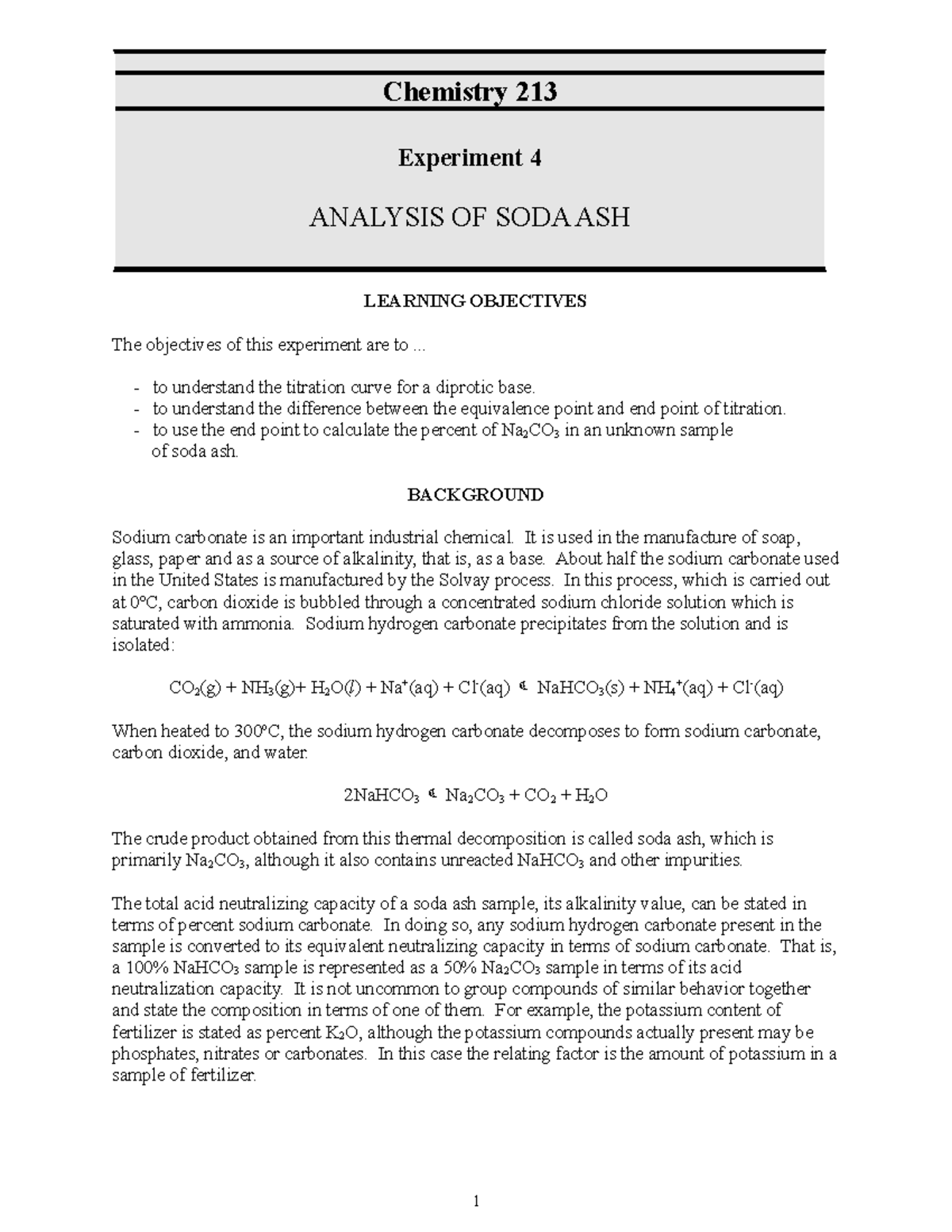 Lab4Analysis of Soda Ash - LEARNING OBJECTIVES The objectives of this ...