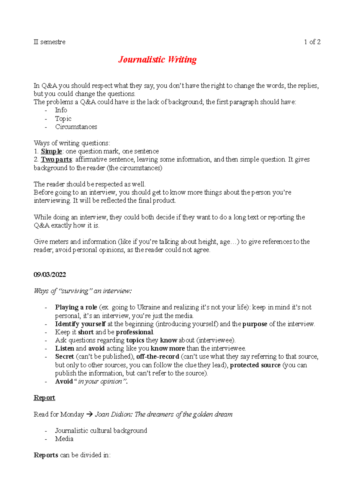 RP2: Q&A and Reporting Techniques in Journalistic Writing - Studocu