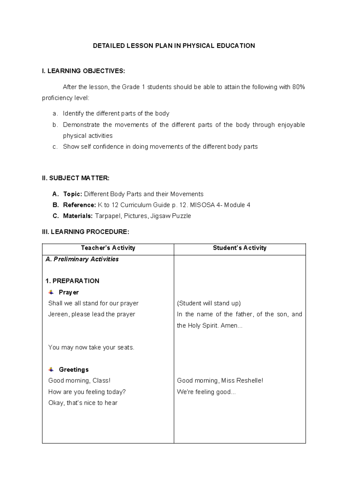 Detailed Lesson PLAN IN Physical Education REAL - DETAILED LESSON PLAN ...