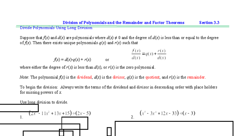 CAT LEC 3.3 Division of Polynomials: Remainder & Factor Theorems - Studocu