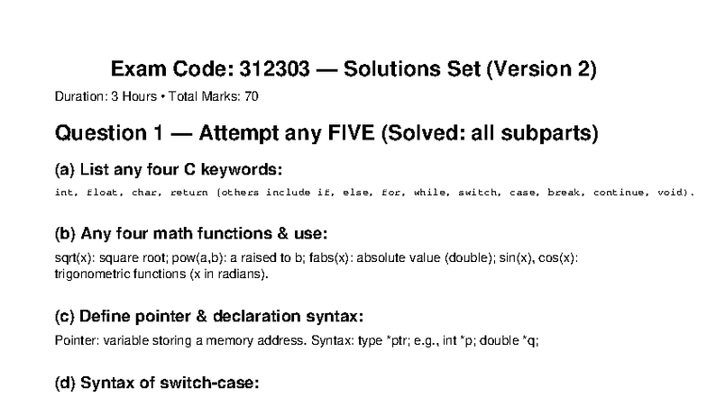 C Programming Exam Code: 312303 Solutions Set (Version 2) - Studocu