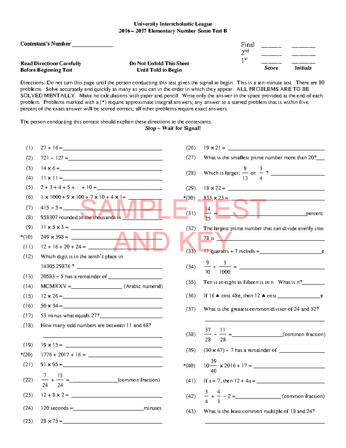 Number Sense Sample Test B 2017 - UIL Elementary Final Exam - Studocu