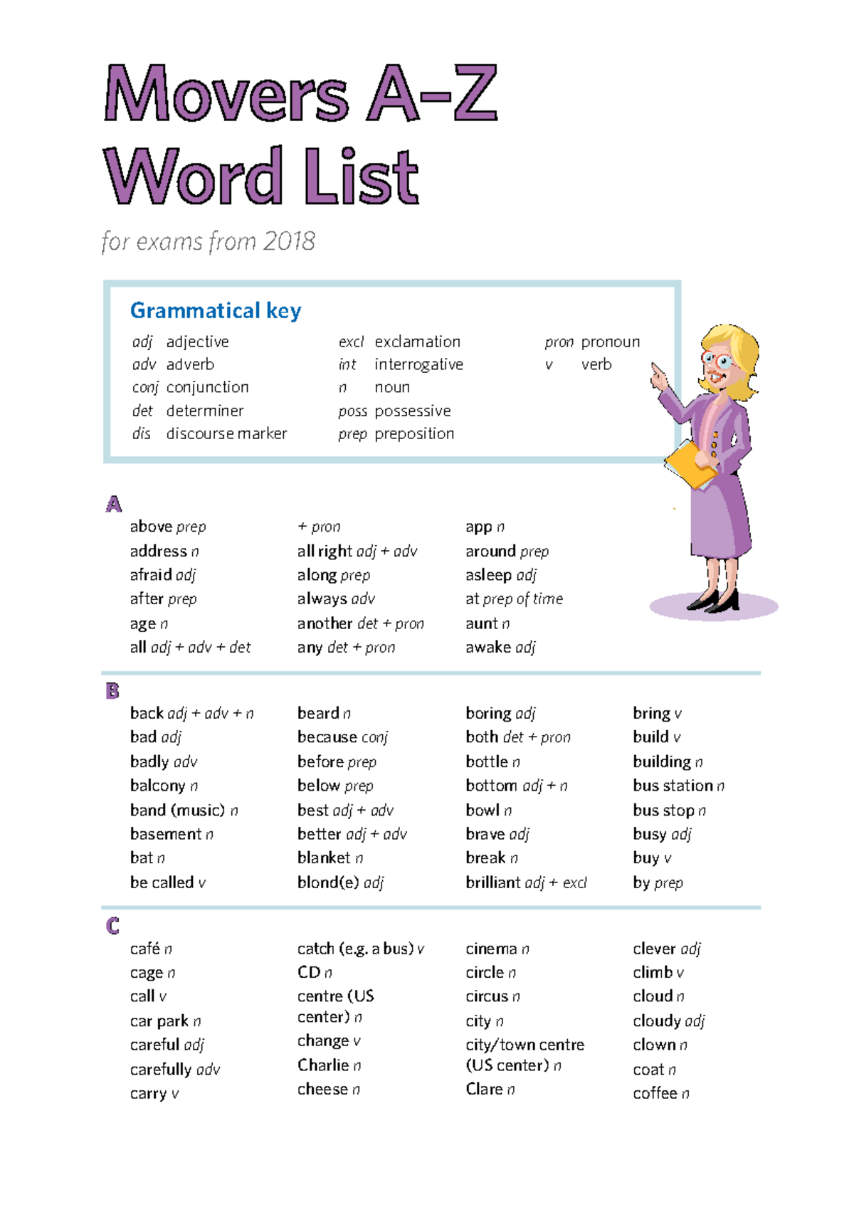 YLE Movers Word List 2018: Vocabulary for Exams - Studocu