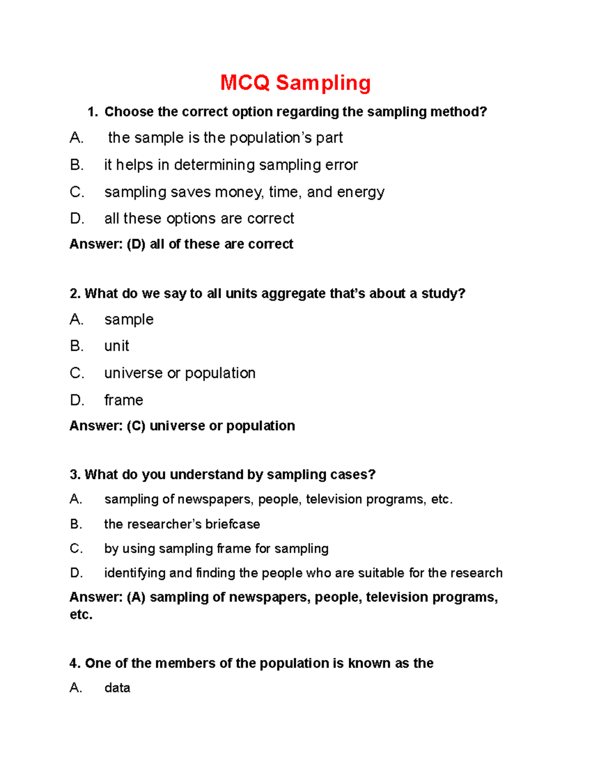 MCQ Sampling Methodology - Exam Prep for Qwe Course - Studocu