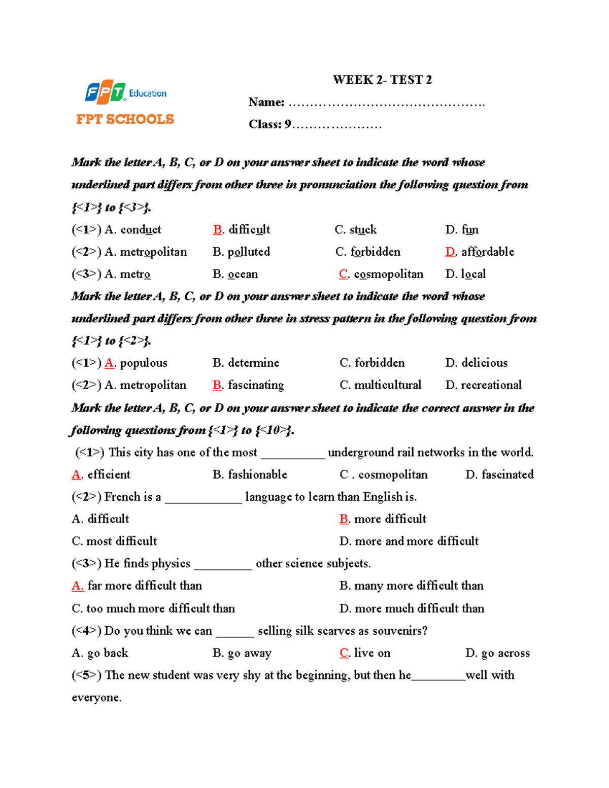UNIT 2 TEST Grade 9 - nothing - WEEK 2- TEST 2 Name