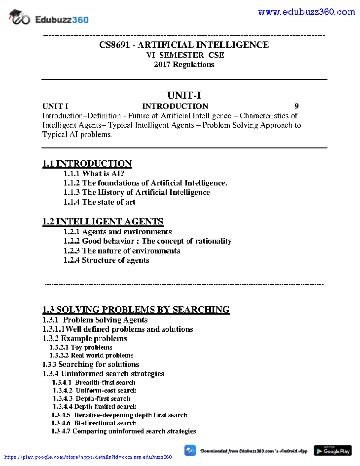 CS8691 AI - Unit 1 Notes: Introduction to Artificial Intelligence - Studocu