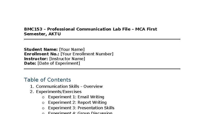 BMC153 Professional Communication Lab Report - MCA 1st Sem - Studocu