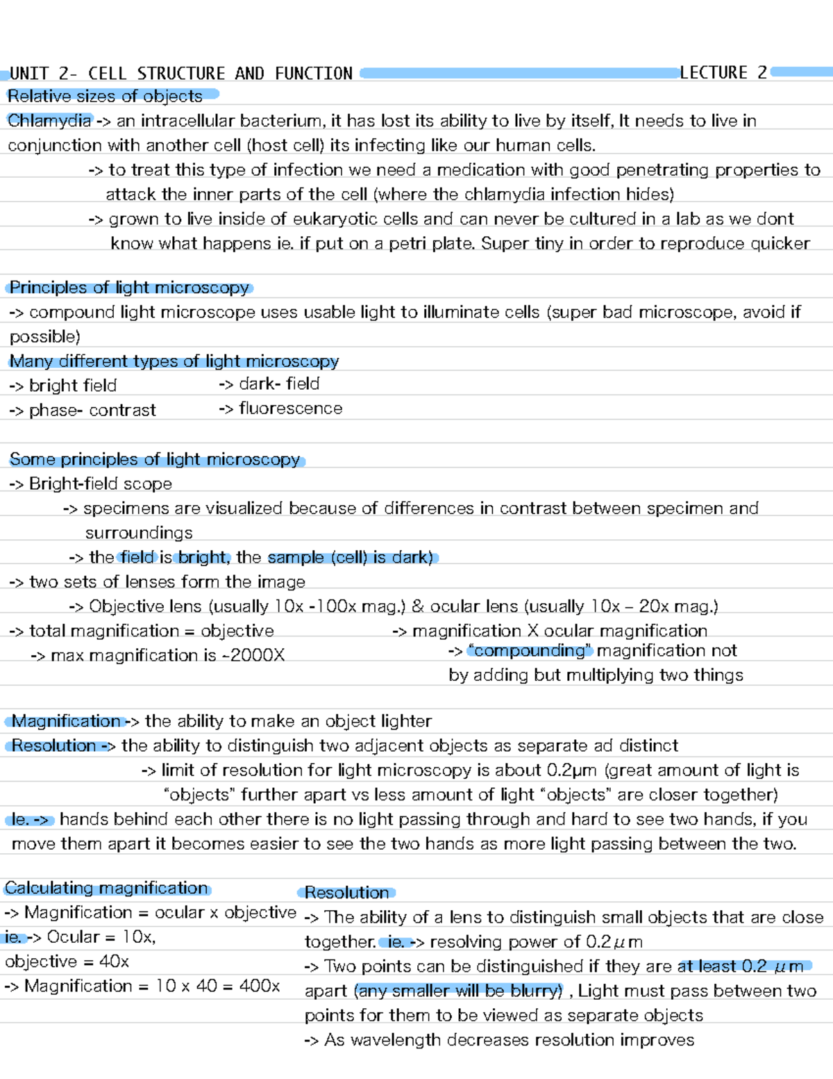 UNIT CELL STRUCTURE AND FUNCTION LECTURE 2: Lab 2 Notes on Microscopy ...