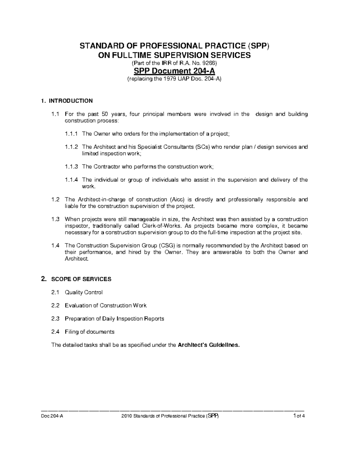 SPP 204A - Philippine Standards of Professional Practice 204A - Full-Time Supervision Services ...