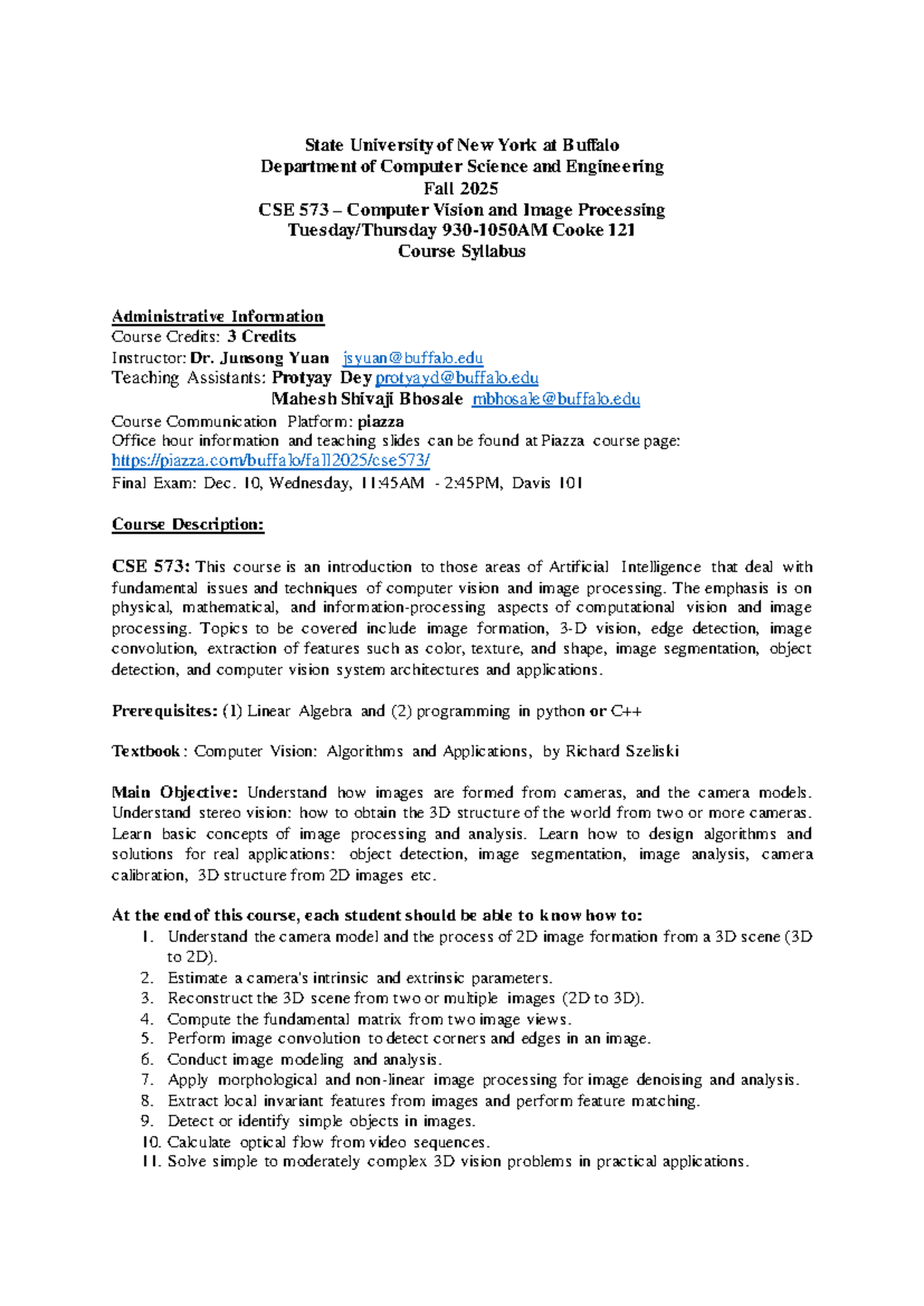 CSE 573: Fall 2025 Computer Vision & Image Processing Syllabus - Studocu