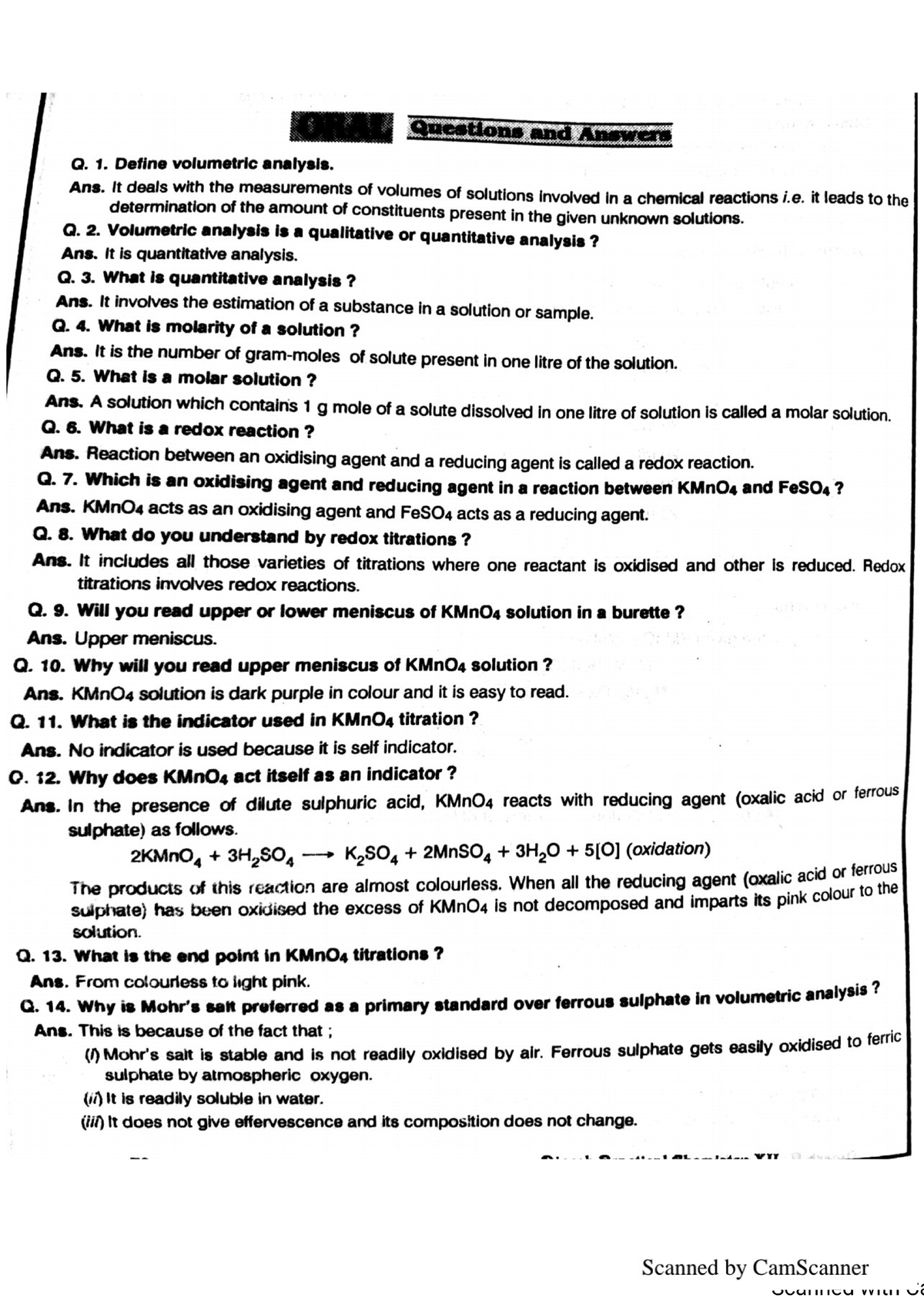 Viva Questions for Volumetric Analysis and Inorganic Chemistry - Studocu
