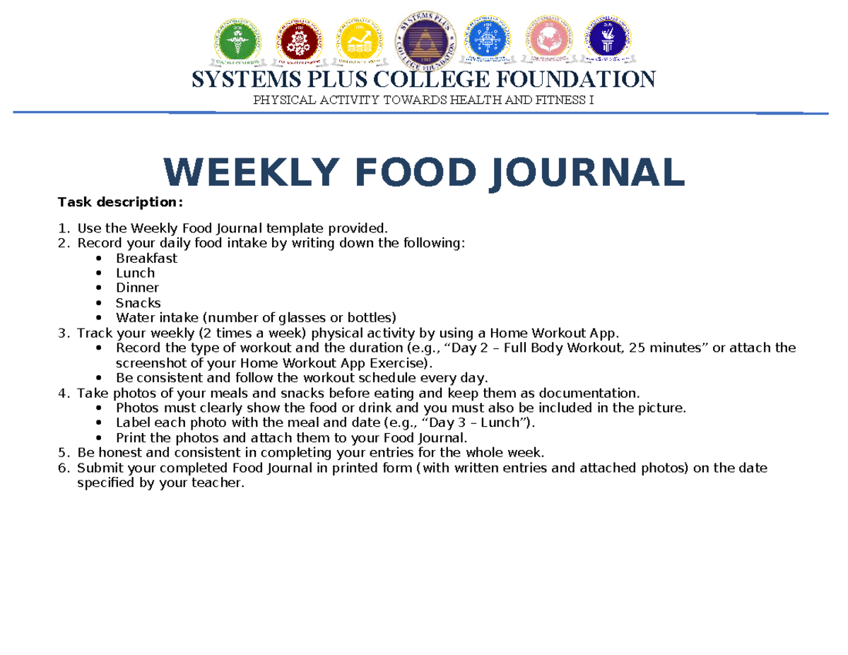 Pathfit 1 Weekly Food Journal for Health & Fitness I - Studocu