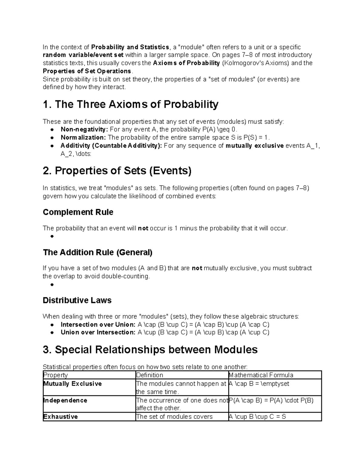 Probability and Statistics: Axioms and Set Operations Overview - Studocu