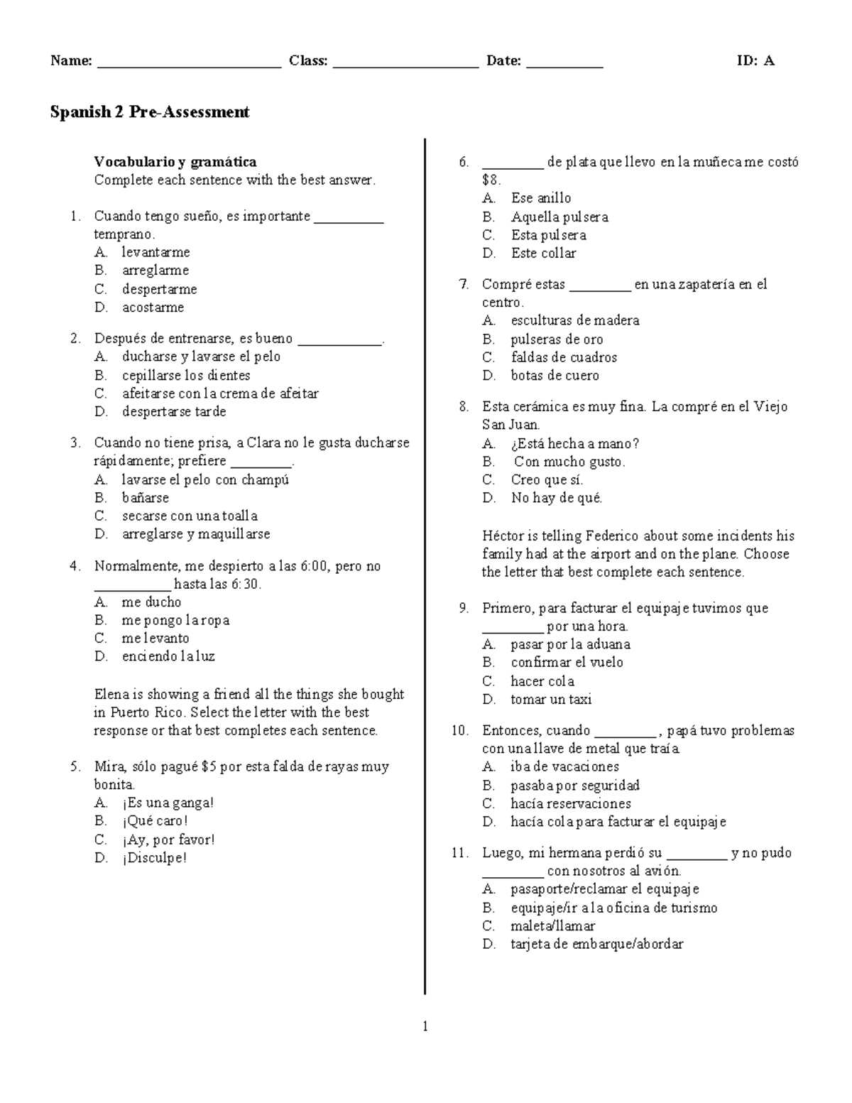Spanish 2 - Pre-Assessment - Name: ________________________ Class ...