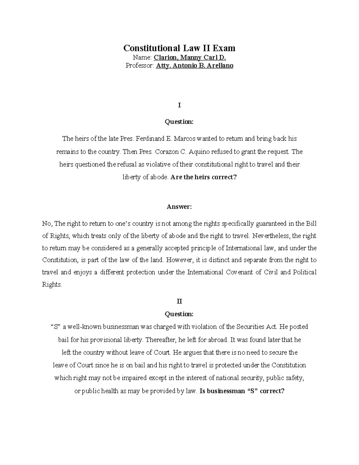 Constitutional Law II Exam Review - Bar Q P2 Notes - Studocu