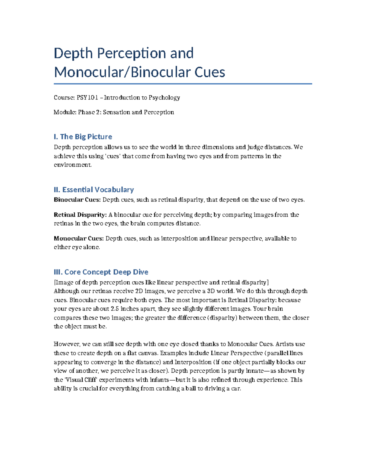 Depth Perception: Understanding Monocular & Binocular Cues - PSY101 ...