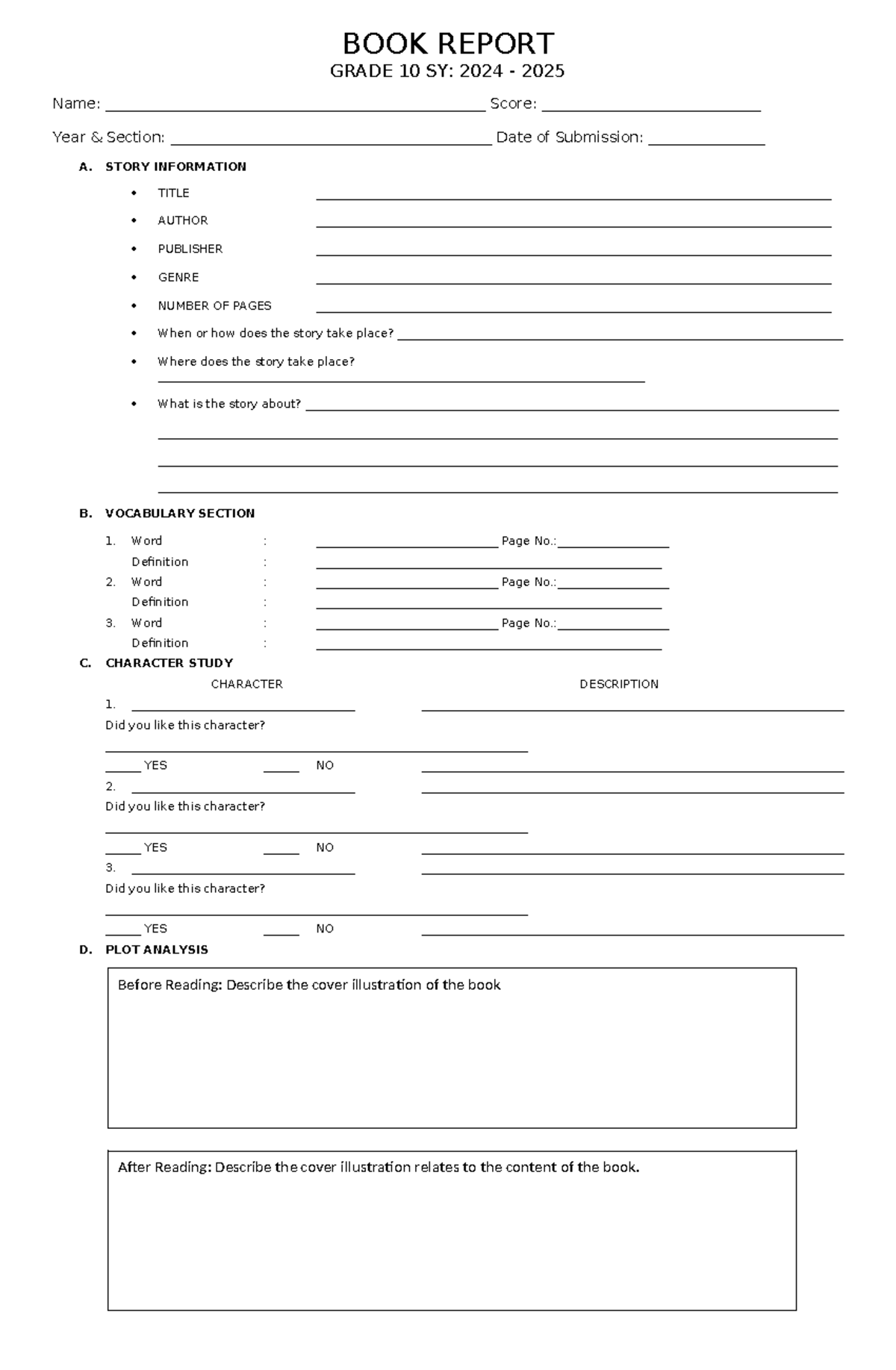 BOOK- Report- Sheet - BOOK REPORT GRADE 10 SY: 2024 - 2025 Name: - Studocu