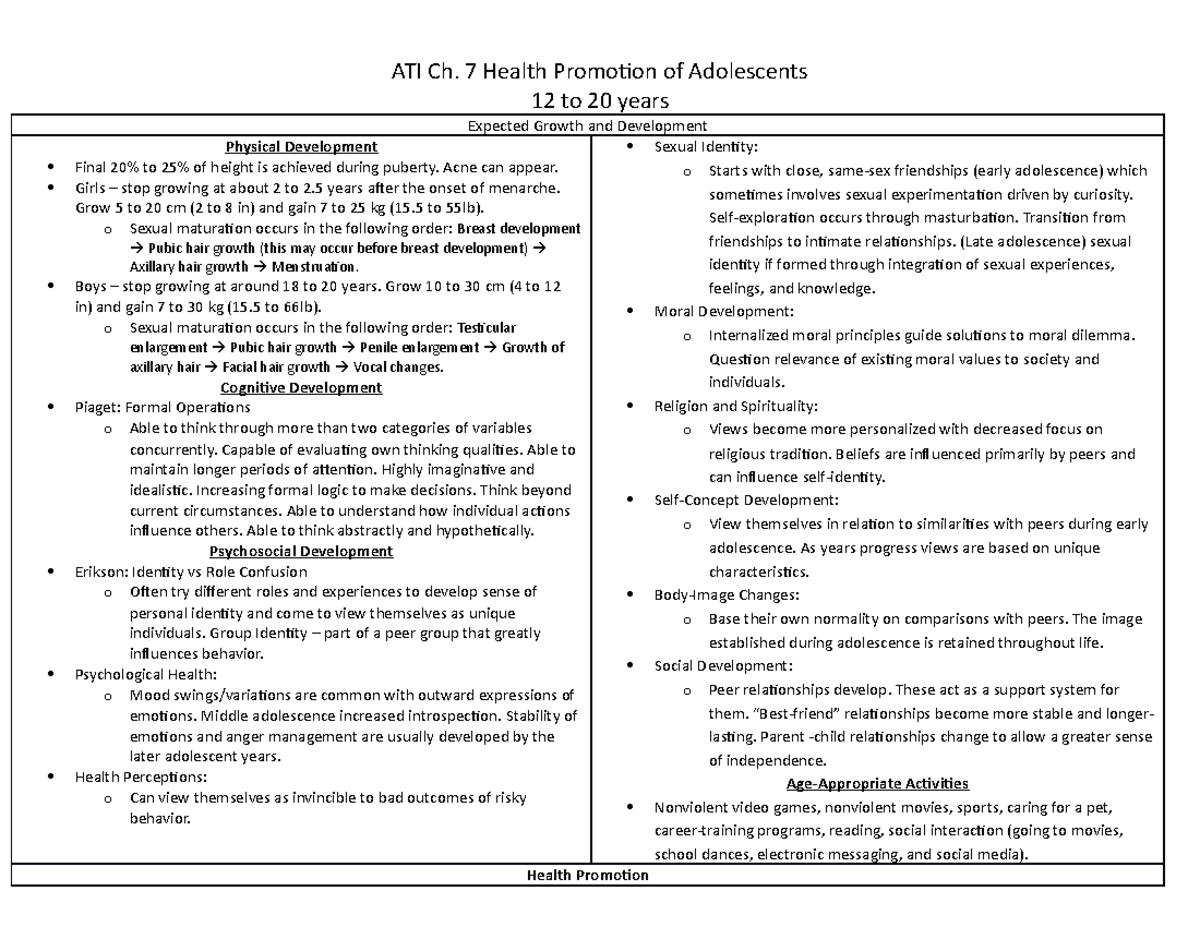 Peds ATI Ch 7 - Adolescent Health Promotion (Ages 12-20) Summary - Studocu
