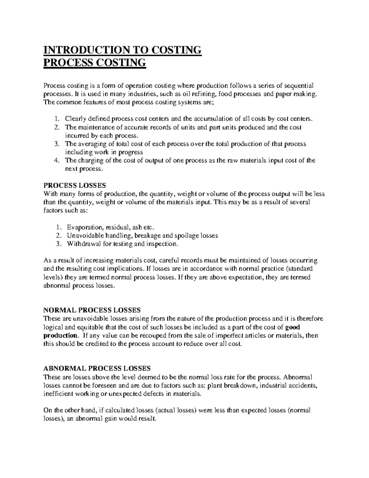 Unit 6 Pt 2 -Process Costing Lecture Notes - INTRODUCTION TO COSTING ...