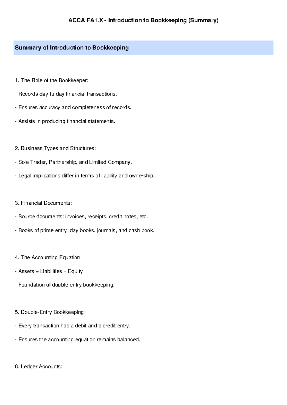 ACCA FA1.X Bookkeeping Overview: Key Concepts & Roles - Studocu