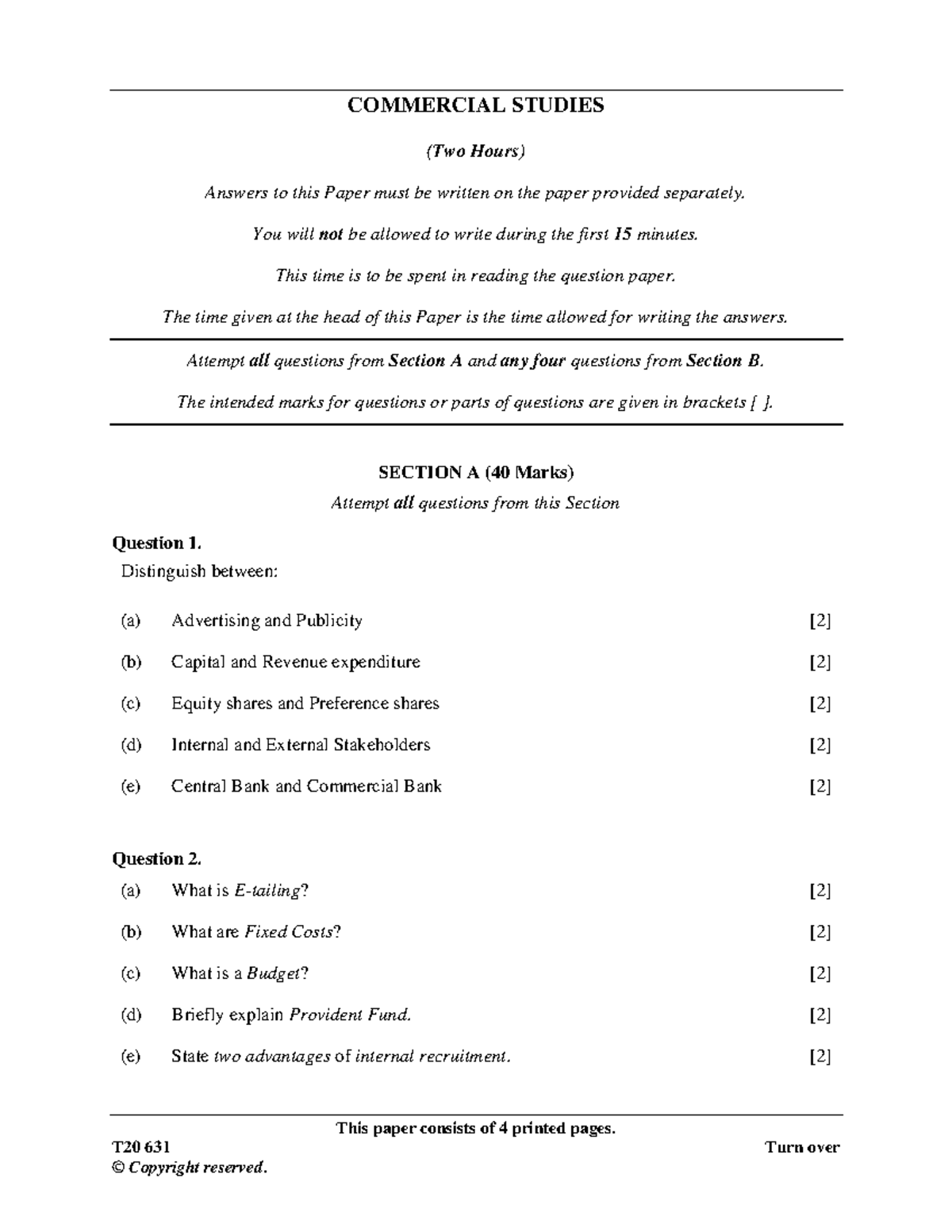 COMMERCIAL STUDIES T20 631 - Exam Paper & Answer Guidelines - Studocu