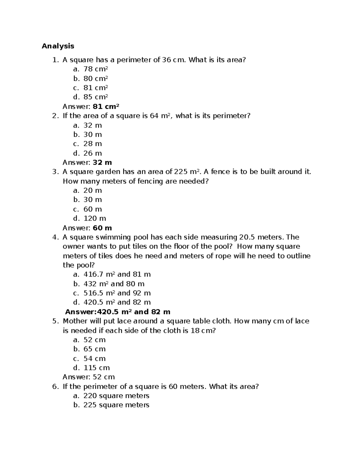 Rational Numbers & Area/Perimeter of Squares Test Questions - Studocu