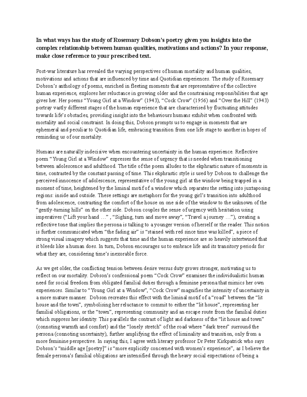 ENG200 Critical Analysis of Rosemary Dobson's Poetry - Studocu