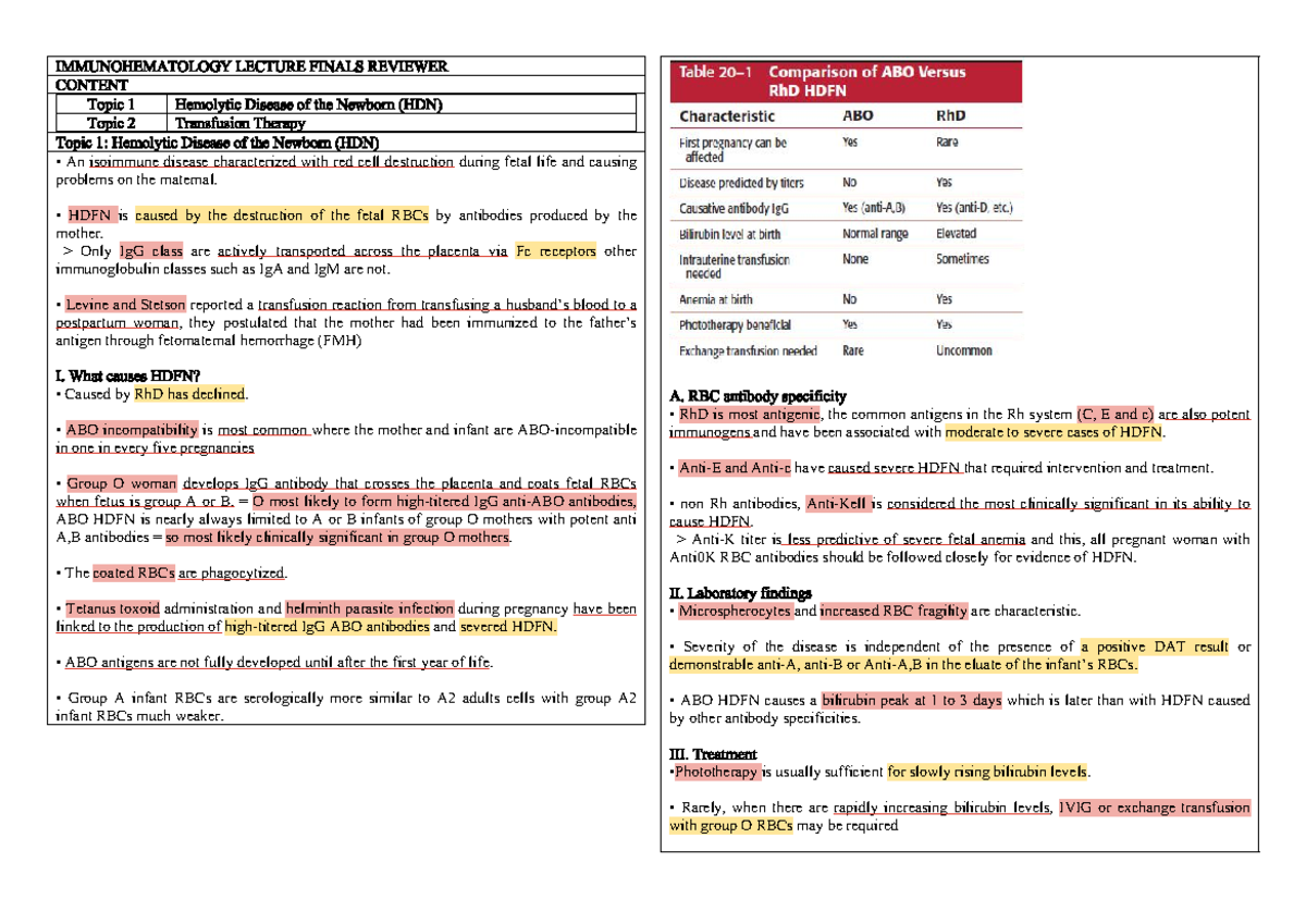 BB Finals Lecture 1 & 2: HDN & Transfusion Therapy Review - Studocu
