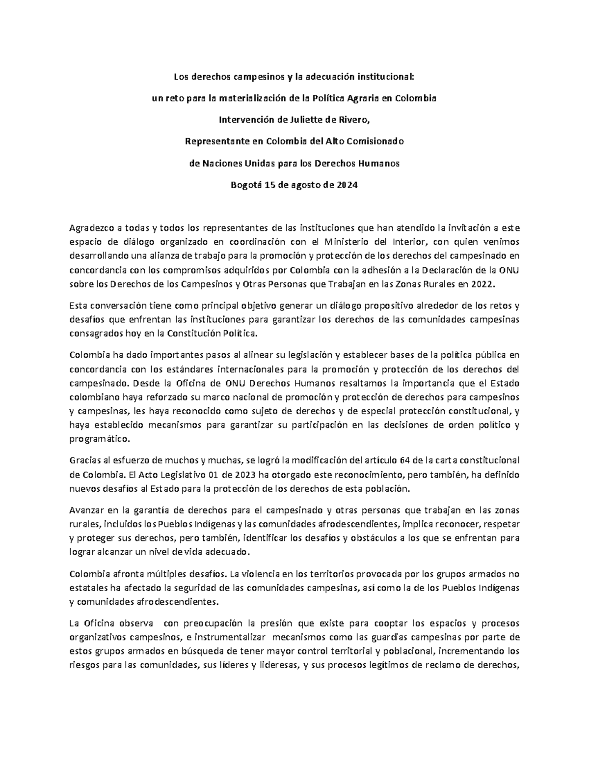 Intervención de Juliette de Rivero sobre Derechos Campesinos en ...