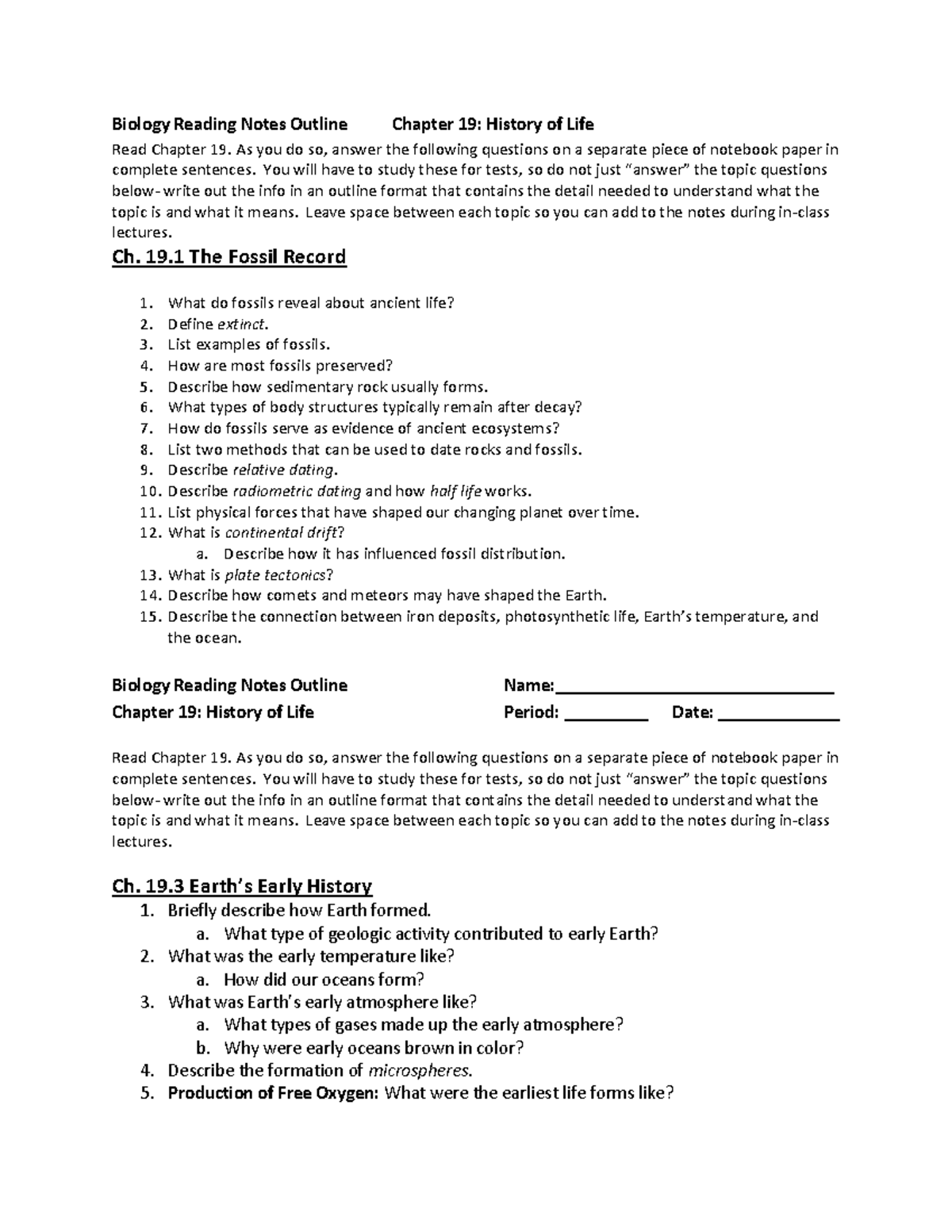 Chapter 19 History of Life - Biology Reading Notes Outline Chapter 19 ...
