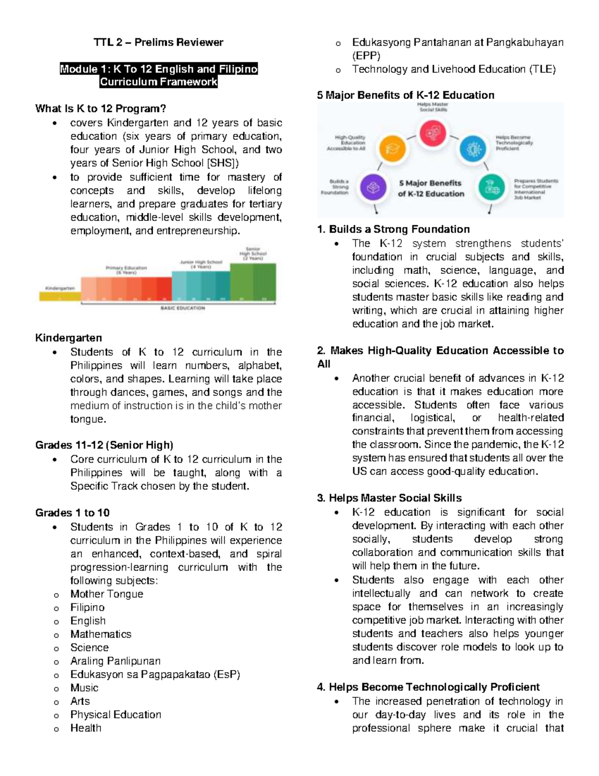 TTL2 Prelims Reviewer: Module 1 - K to 12 English & Filipino - Studocu