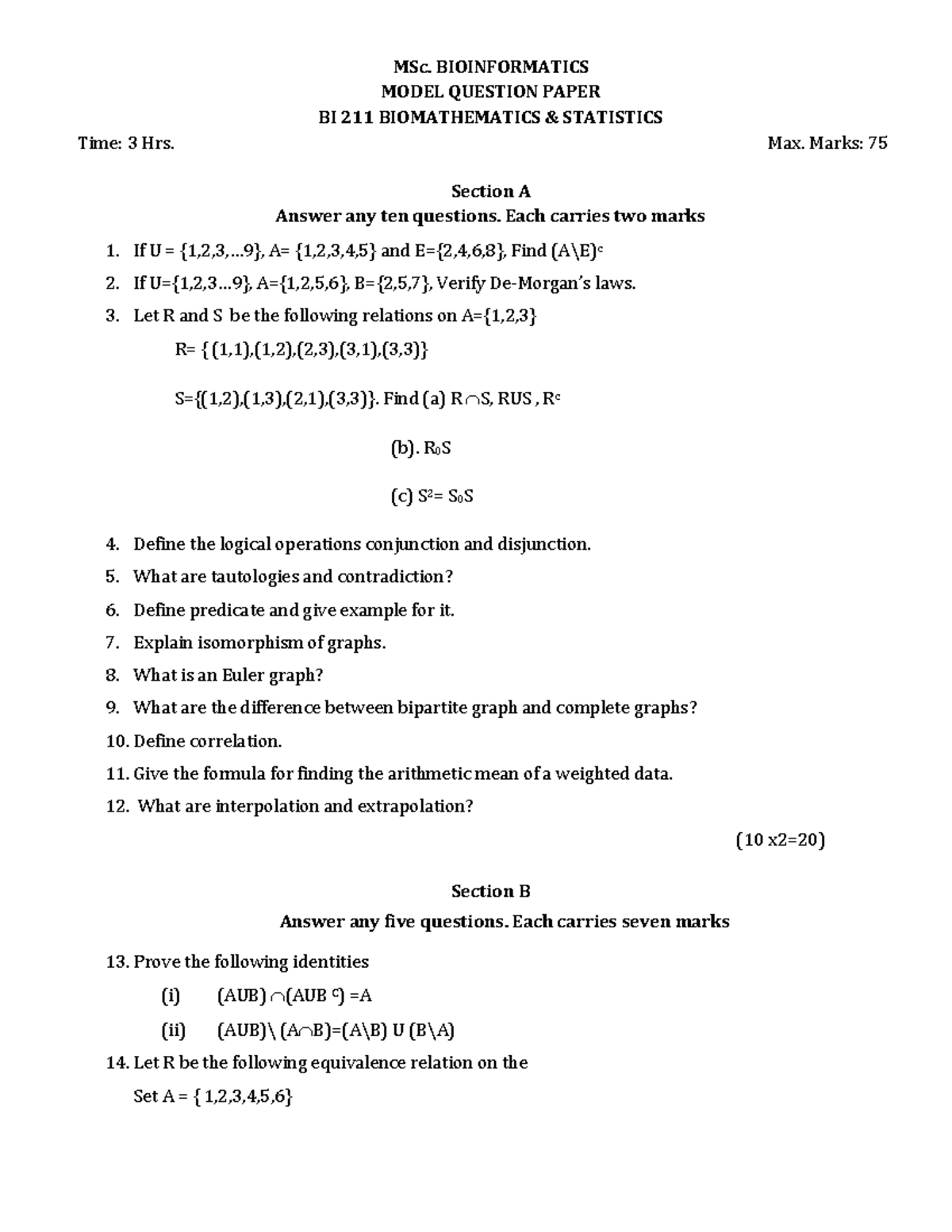 MSc. BIOINFORMATICS MODEL QUESTION PAPER - BI 211 & BI 212 & BI 214 ...