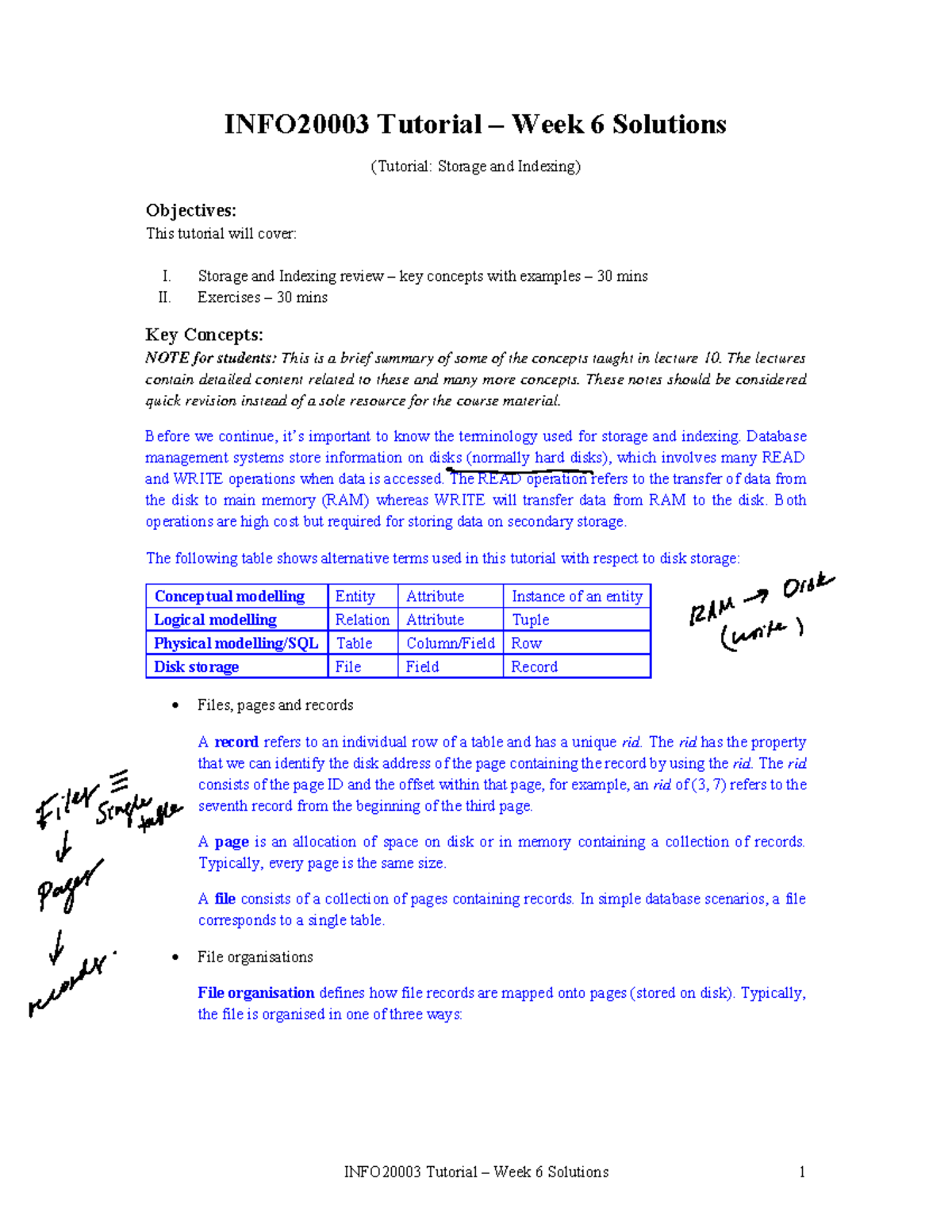 INFO2000 Tutorial Week 6: Storage and Indexing Solutions - Studocu