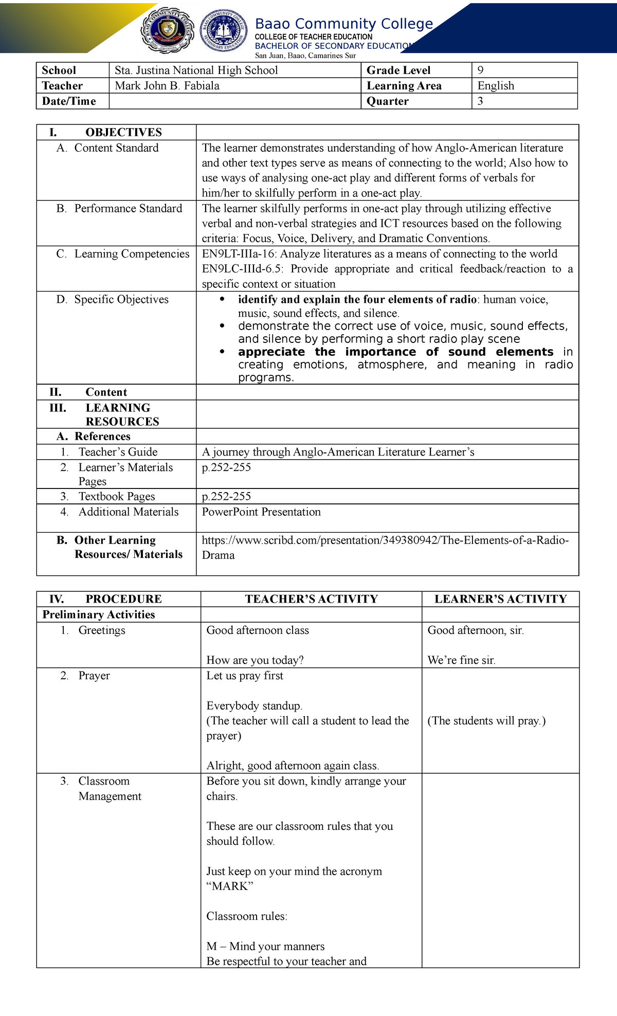 Radio Play Elements DLP - BSED 3rd Year Lesson Plan - Studocu