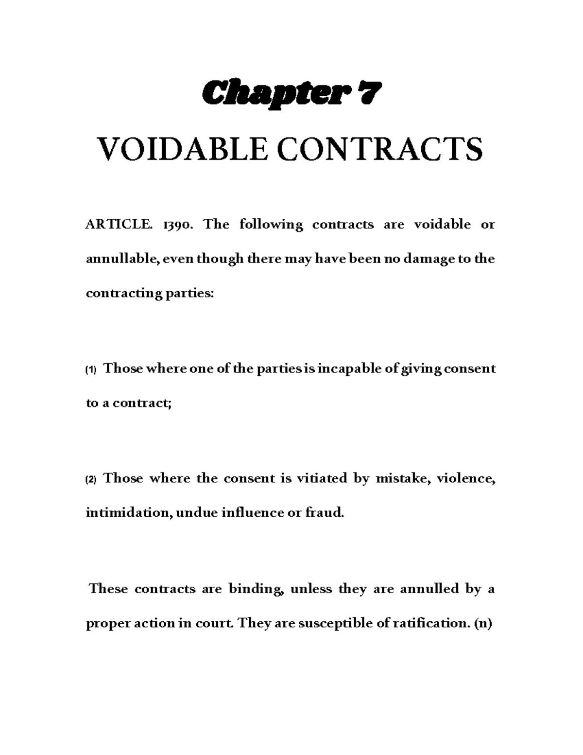 Chapter 7 Voidable Contracts Chapter 7 Voidable Contracts Article 1390 The Following