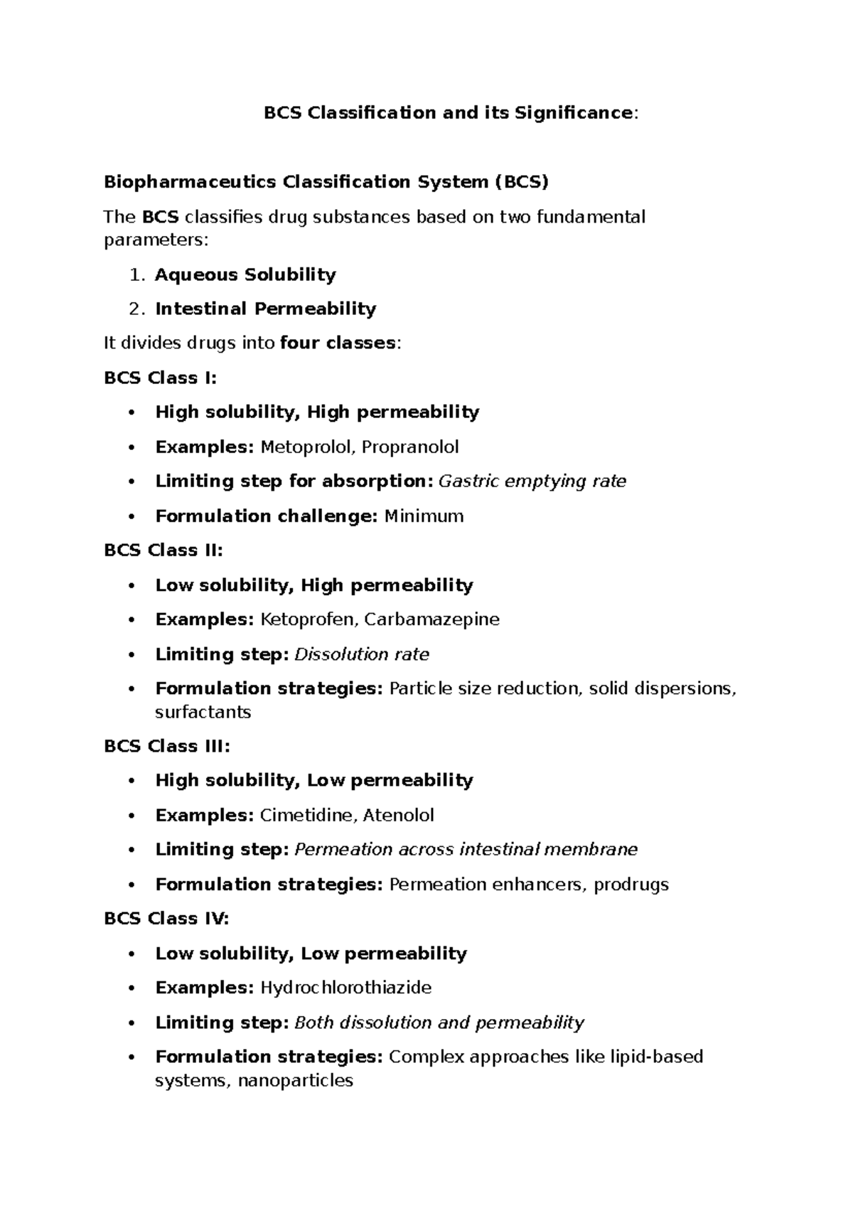 BCS Classification: Understanding Drug Solubility & Permeability - Studocu
