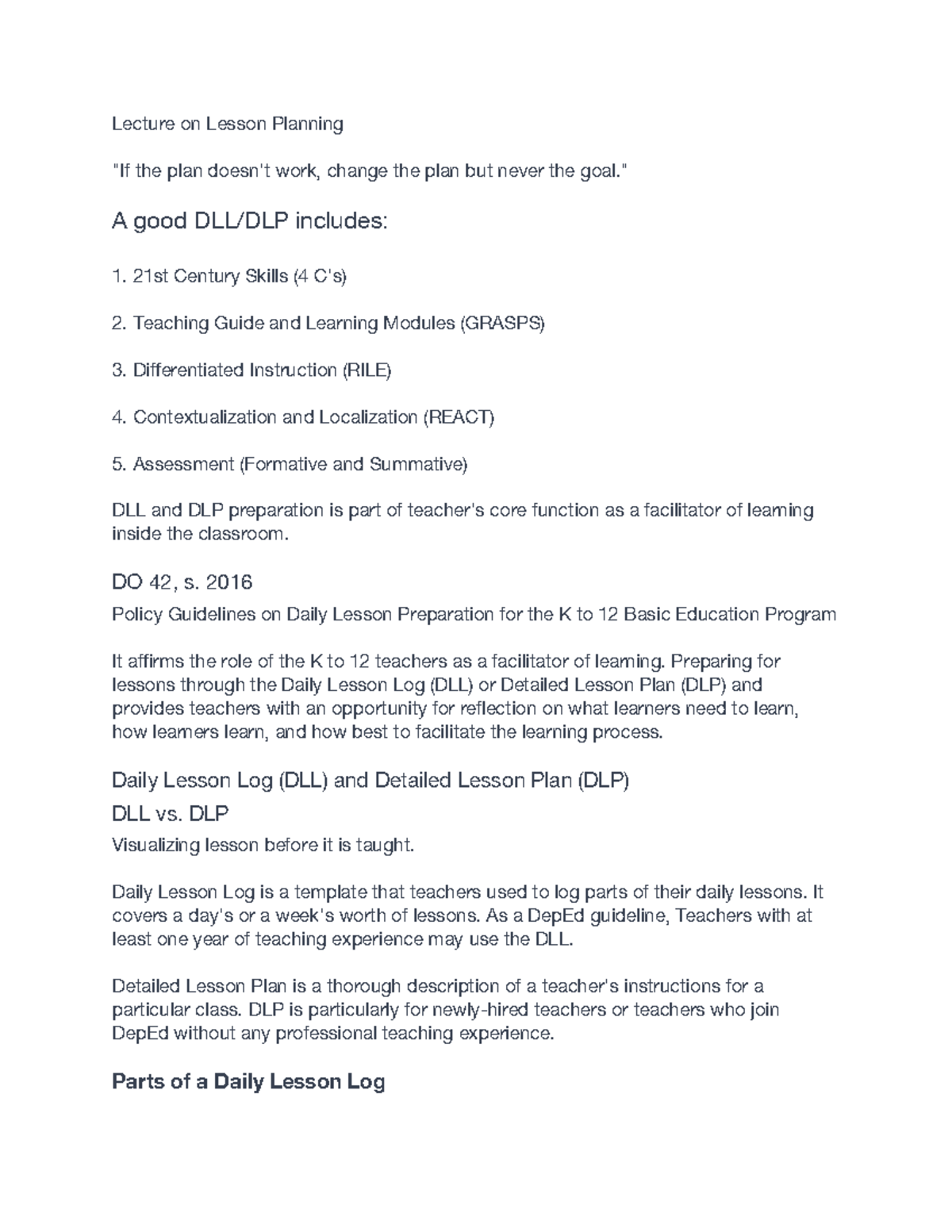 DLP vs DLL - Key Insights from Lecture on Lesson Planning - Studocu