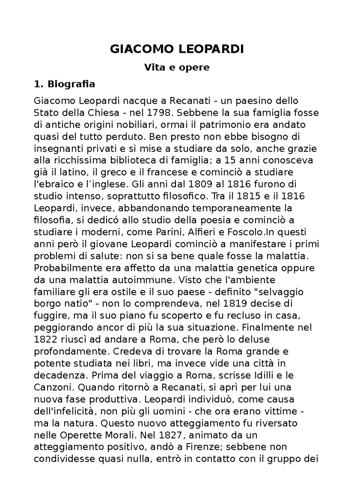 GIACOMO LEOPARDI: Vita, Pensiero e Produzione Letteraria - Studocu