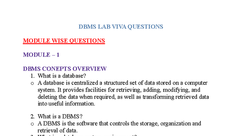 DBMS LAB VIVA QUESTIONS: MODULE-WISE OVERVIEW - Studocu