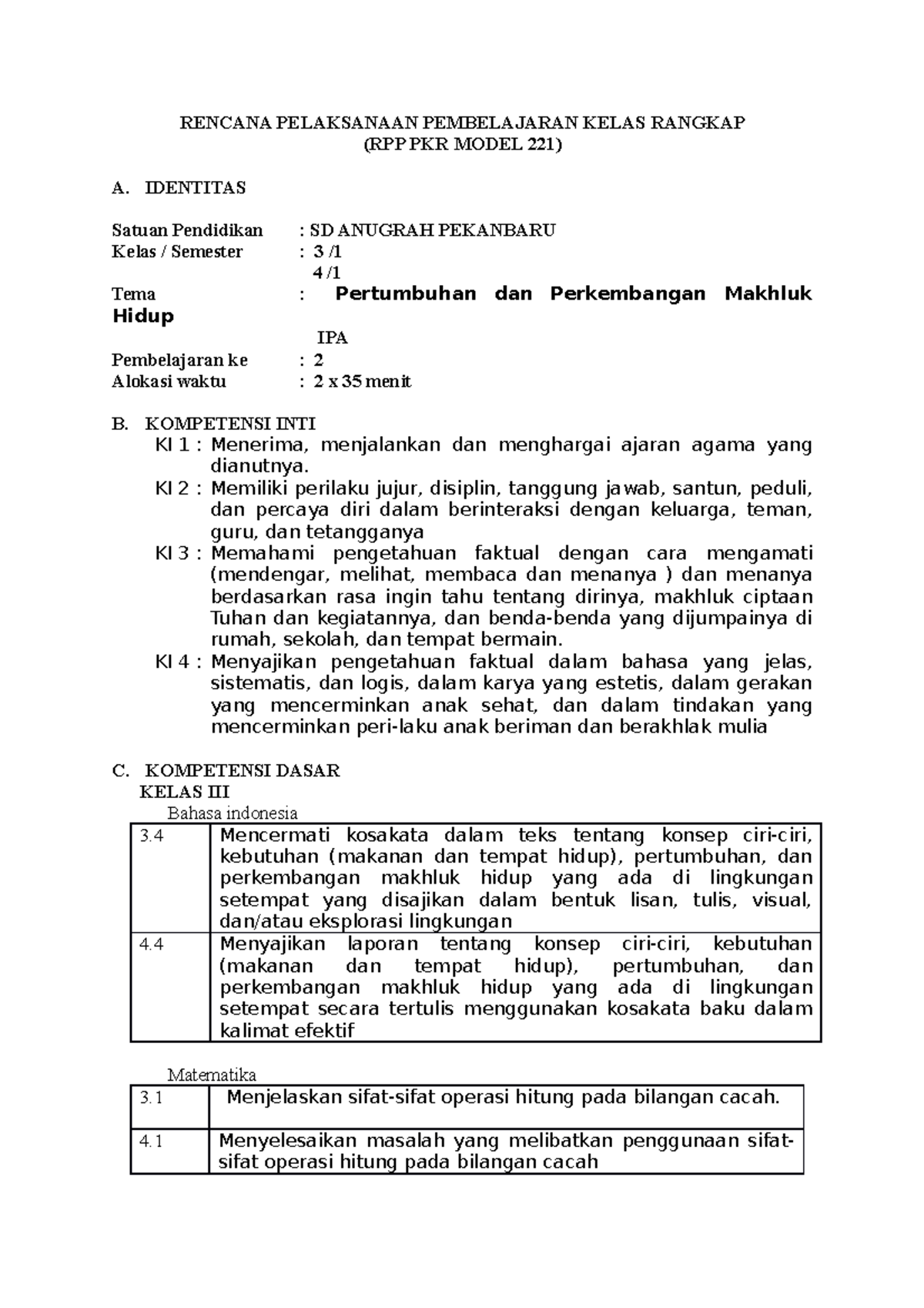 RPP PKR 221 - Rencana Pembelajaran Kelas 3 dan 4: IPA dan Matematika ...