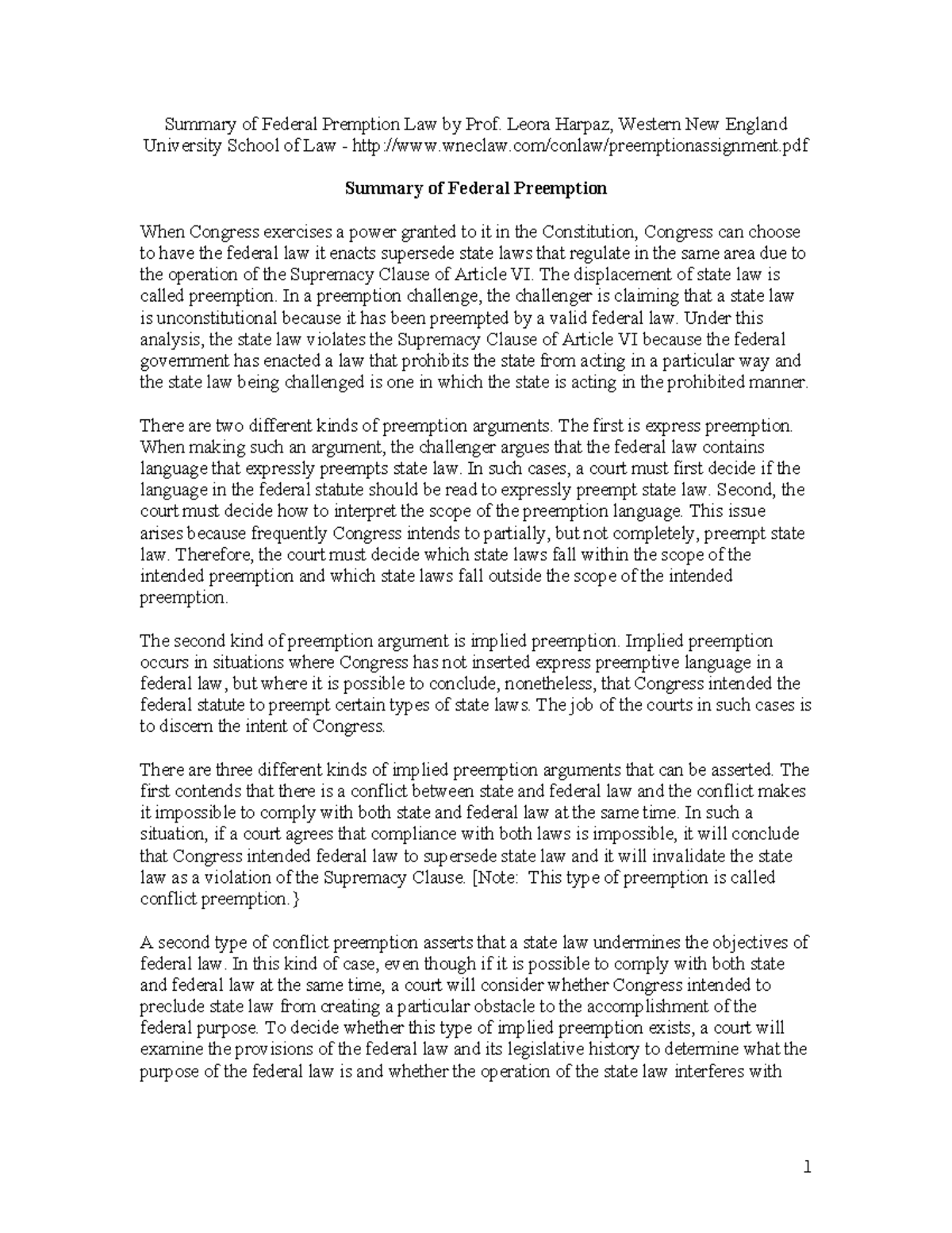 Summary of Federal Preemption Law (LEGL 302) - Key Concepts - Studocu