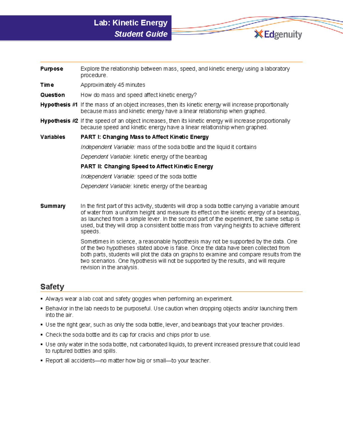 Lab: Kinetic Energy Experiment (Student Guide) for Physics 101 - Studocu