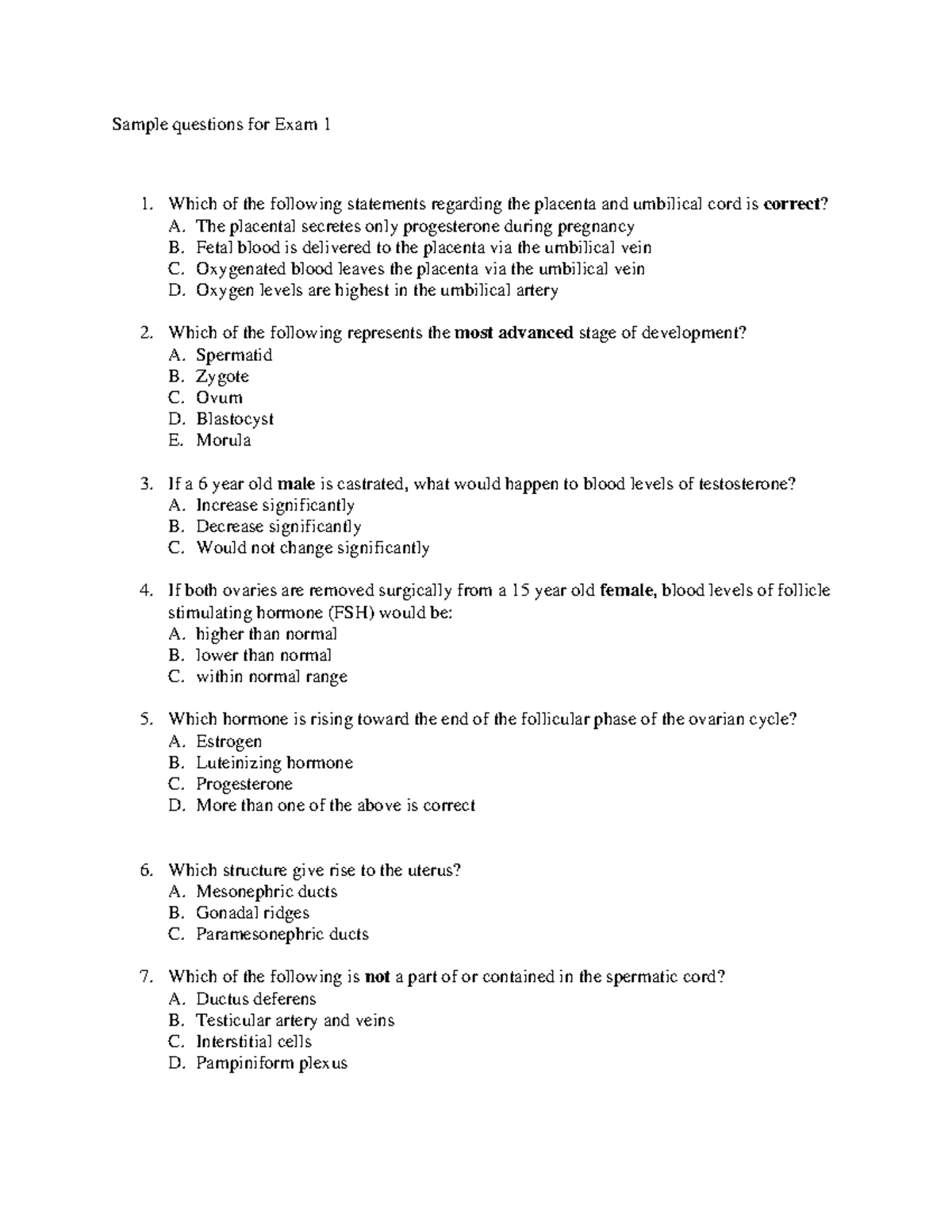 Sample Questions for Exam 1: Human Reproductive Biology (BIO101) - Studocu
