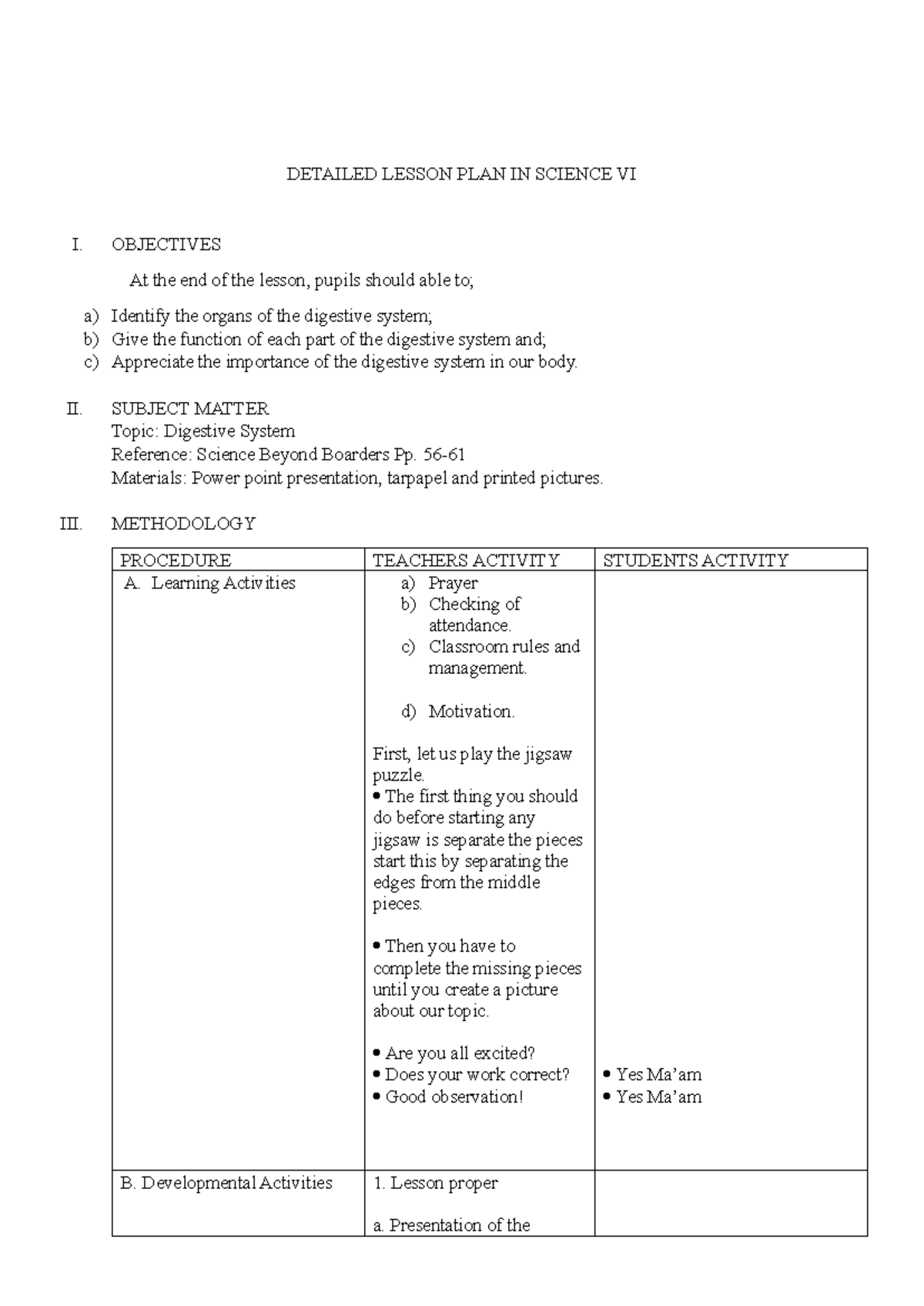 Detailed Lesson Plan for Science VI: The Digestive System - Studocu