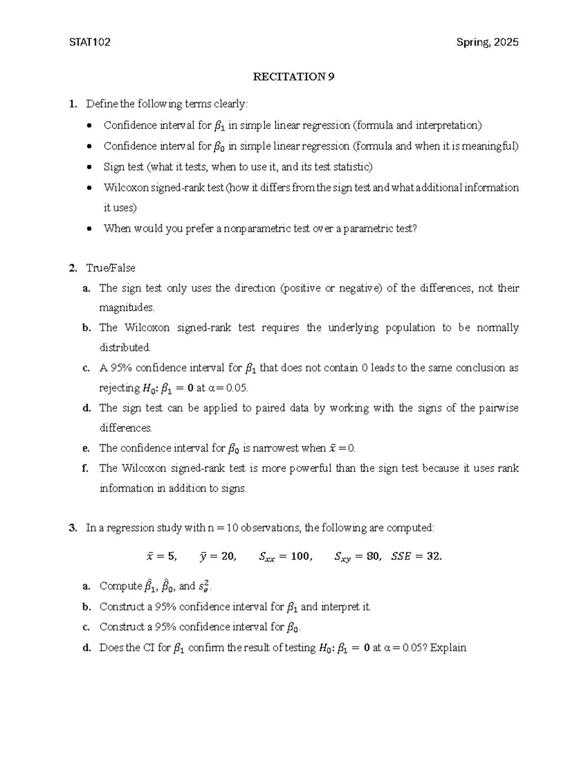 STAT102 Spring 2025 Recitation 9: Confidence Intervals & Tests - Studocu
