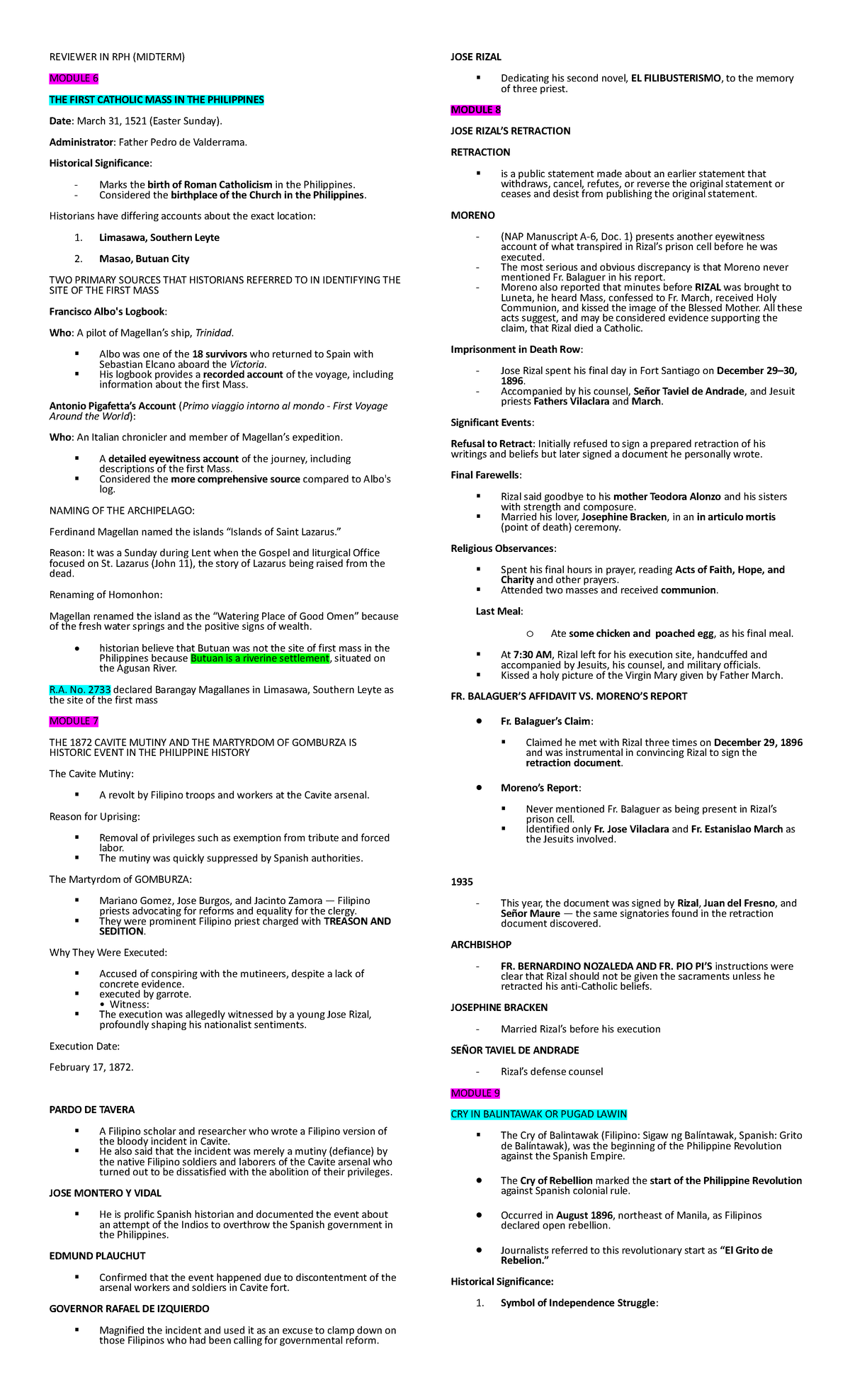 RPH 101 Midterm Reviewer: Jose Rizal and Key Historical Events - Studocu