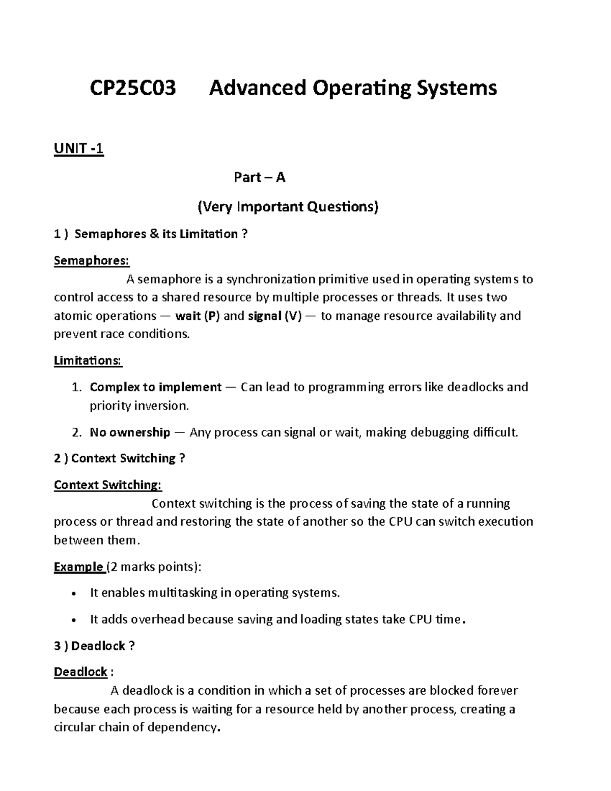 CP25C03 Advanced Operating Systems Unit A: Key Concepts & Important ...