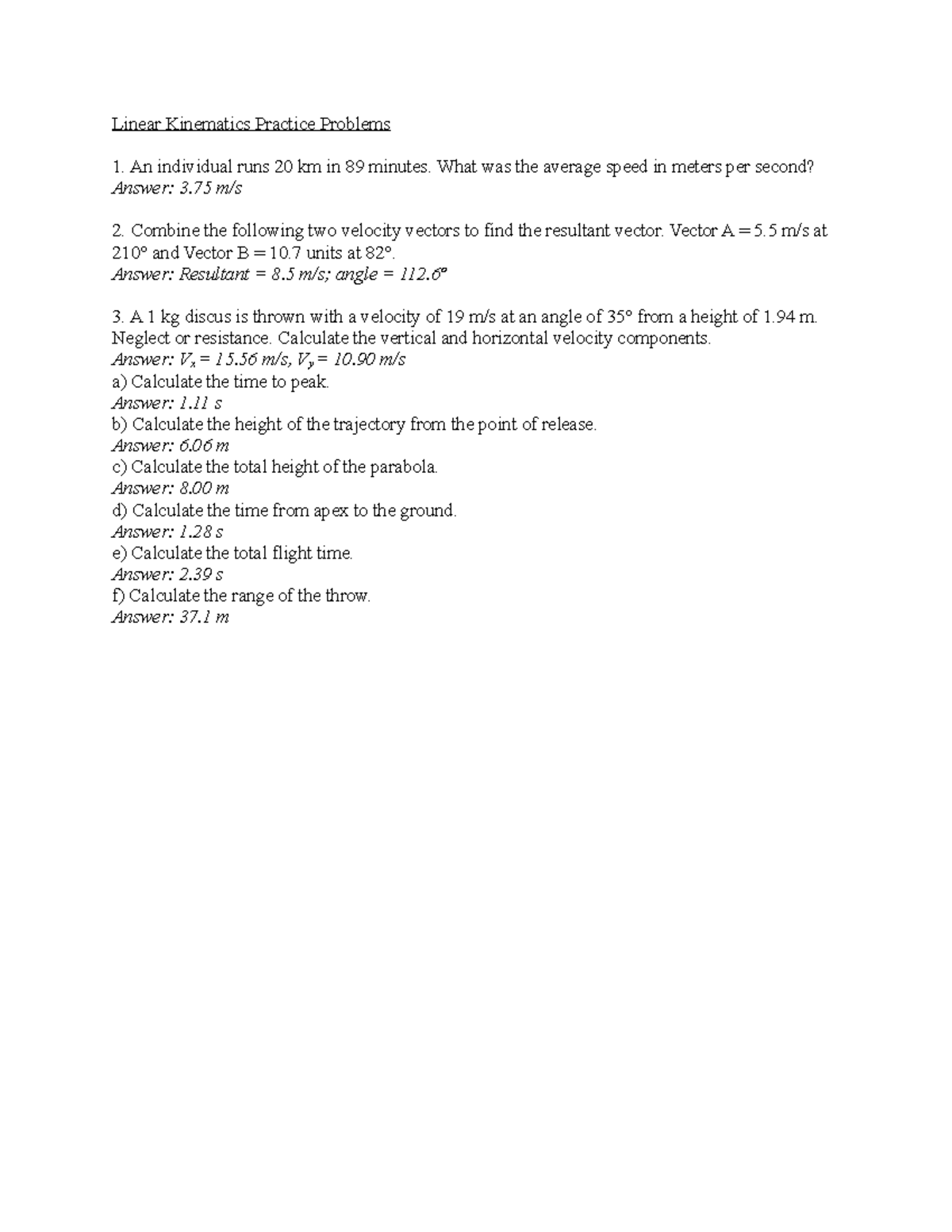 Kin 222 Linear Kinematics Practice Problems and Solutions - Studocu